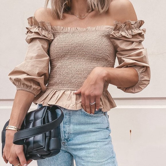 Tops | The Drop Long Sleeve Ruffle Smocked Cropped Top | Poshmark
